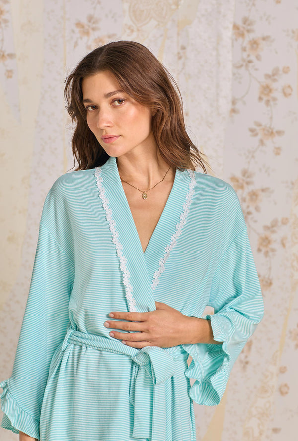 Aqua Stripe Cotton Rich Yarndye Short Wrap Robe - Eileen West